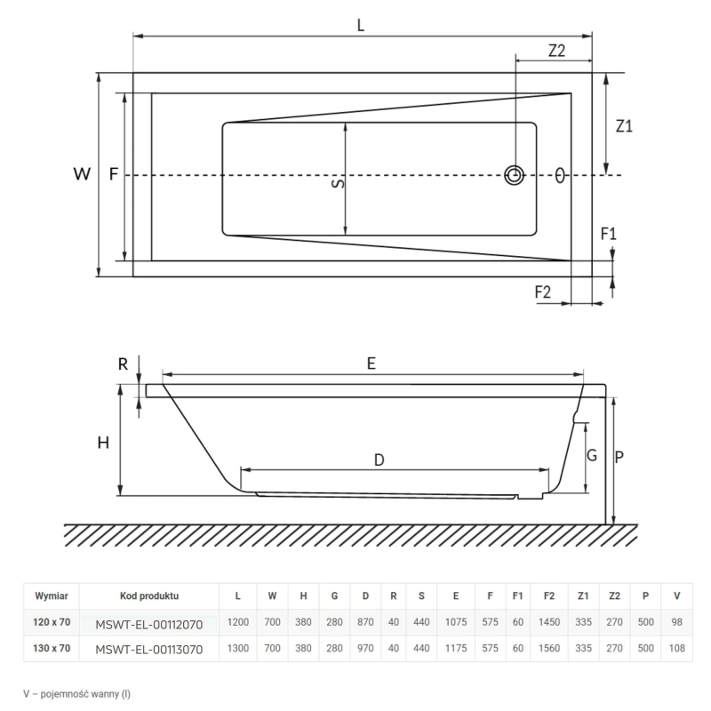 Wanna prostokątna mała 120 x 70 cm biała do zabudowy ELEGA MINI - massi.pl
