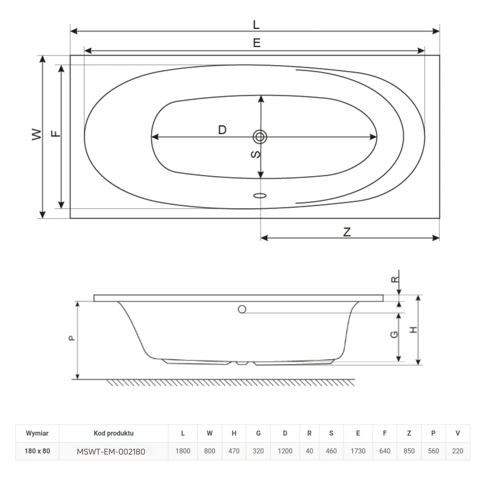 Wanna prostokątna biała 180 x 80 cm do zabudowy odpływ po środku EMBER ...